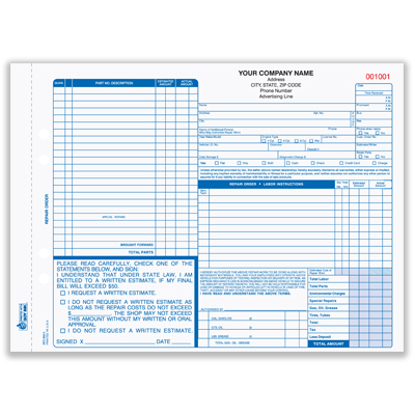 Automotive Repair Order Form - 4 Part w/ Carbon (ARO-672-4)
