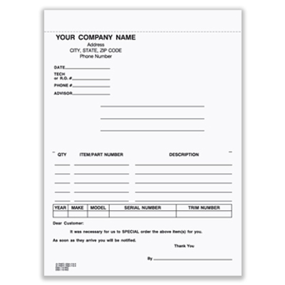Special Parts Order Forms | Personalized Forms