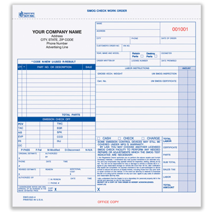Smog Test Only Invoice Forms | Personalized Forms