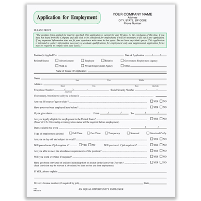Application For Employment Form - 2 Part Bond - Blank (HR-370-2-BLNK)