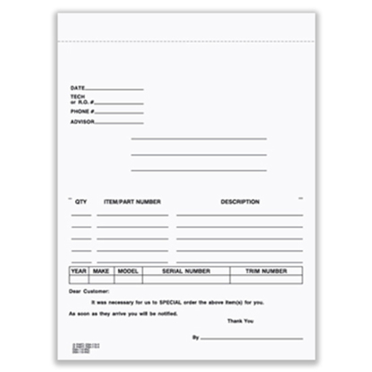 Special Parts Order Forms | Personalized Forms