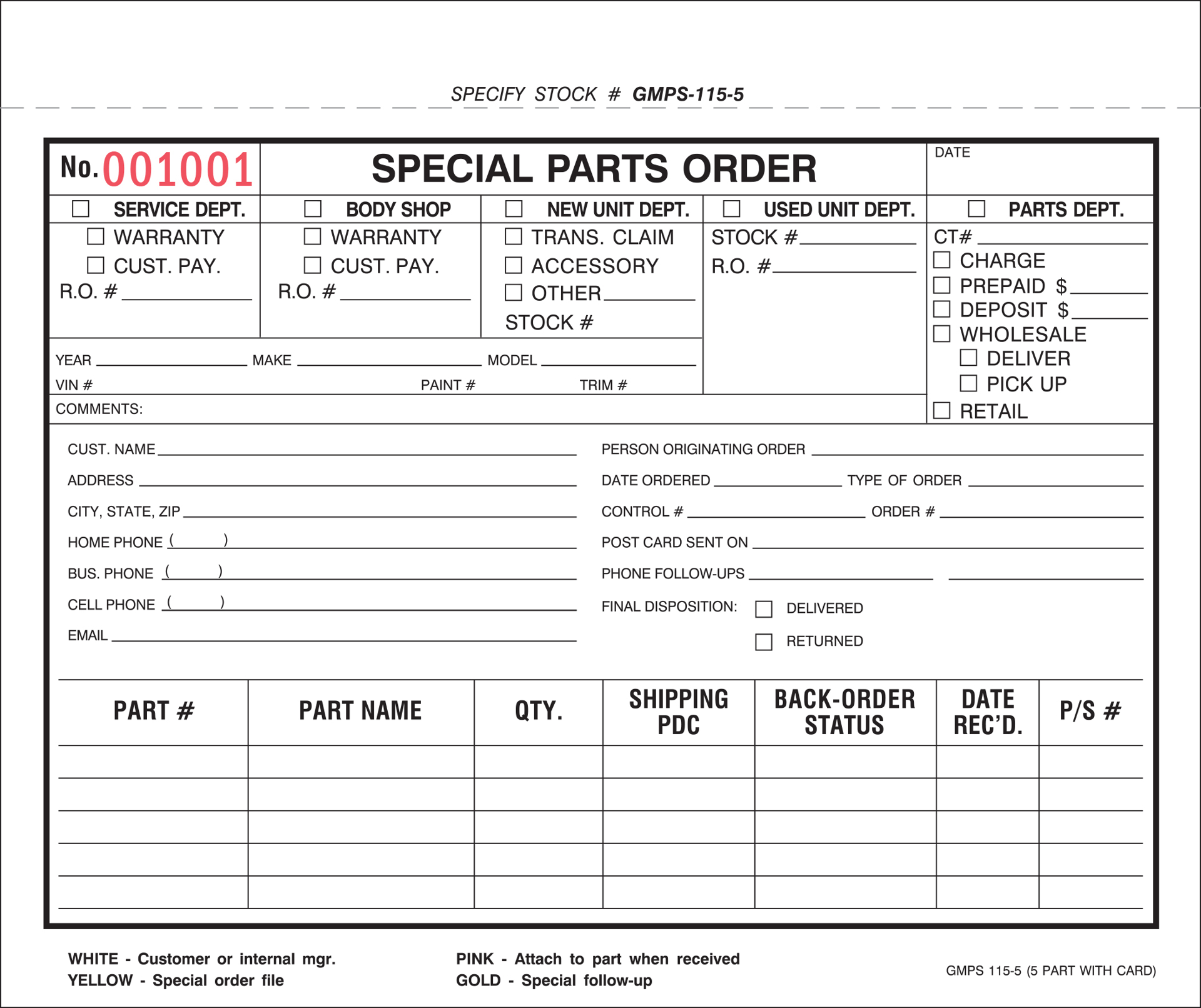 Special Parts Order Form (GMPS-115-5)