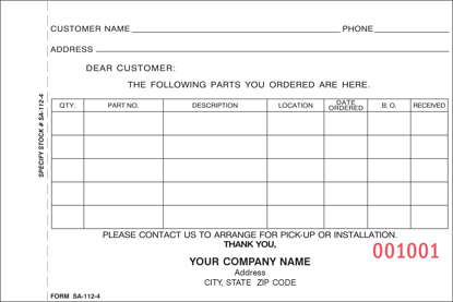 Special Parts Order Forms | Personalized Forms